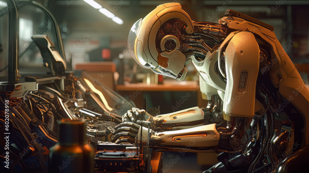 Robot Mechanic: Inside a futuristic auto repair shop, a sleek robot ...