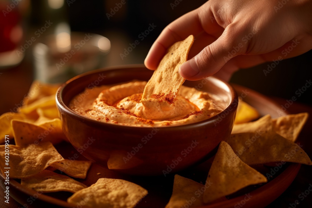 Dipping a chip into a bowl of flavorful dip, with close attention paid ...