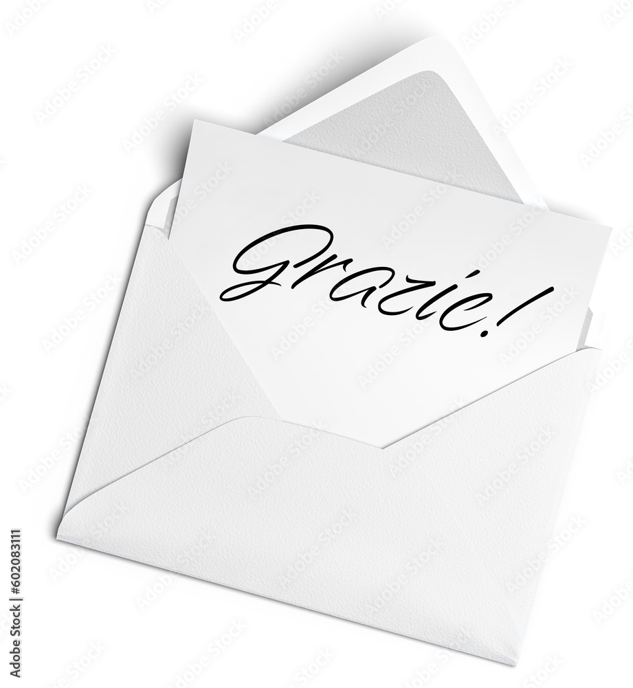 Letter with the Italian text "Grazie" ("Thanks") in an envelope on ...