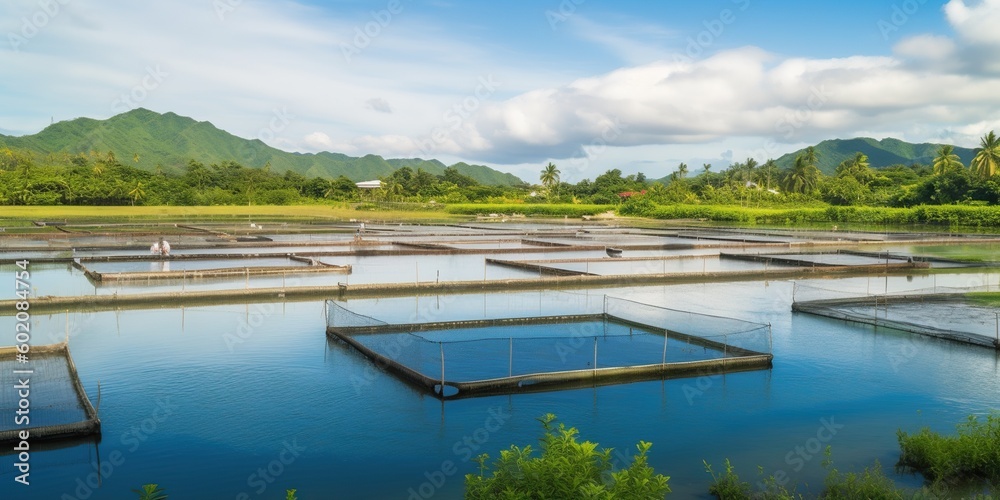 Aquaculture farm with a series of fish-filled ponds, illustrating ...