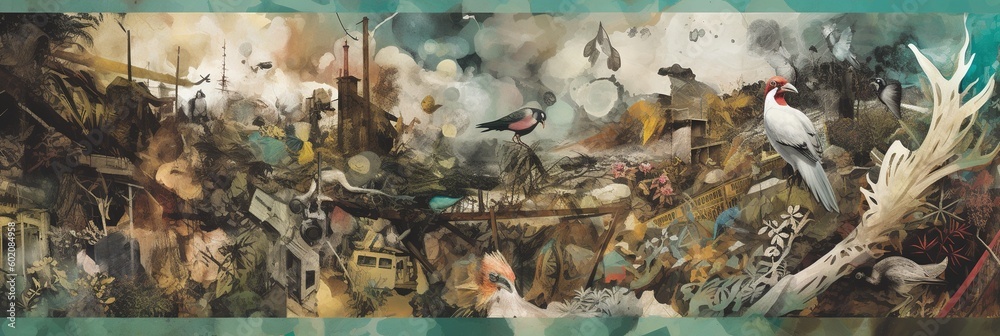 Chaotic, abstract collage featuring intermingling images of ...