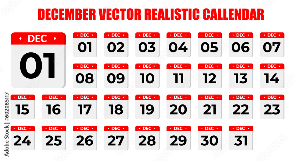 Set 3d December date icon, red calendar with dates of the month on ...