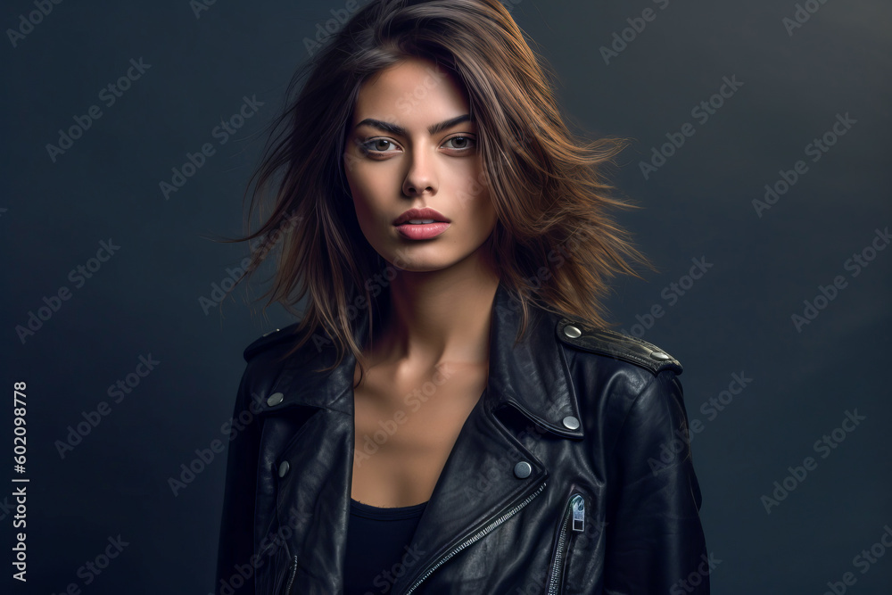 Confident Young Woman in Leather Biker Jacket. Rocker Style on a Studio ...