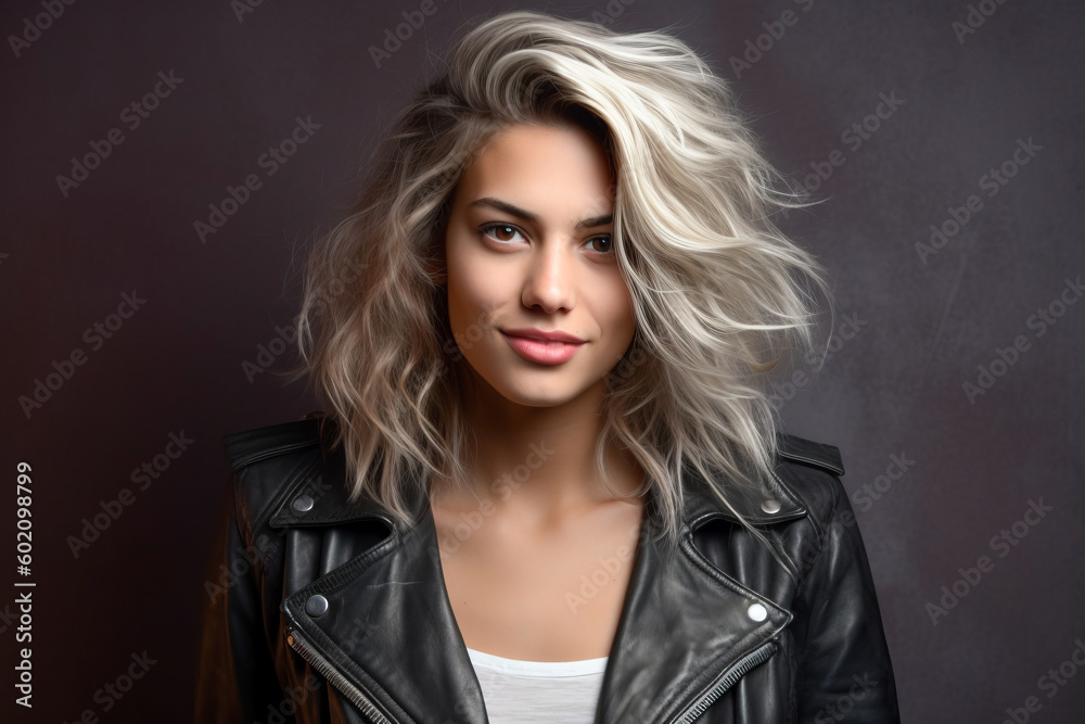 Confident Young Woman in Leather Biker Jacket. Rocker Style on a Studio ...