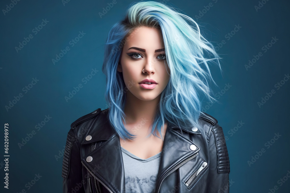 Cheerful metalhead rocker girl with blue hair, dressed in a black ...