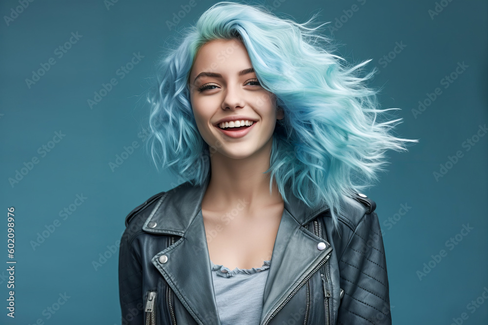 Cheerful metalhead rocker girl with blue hair, dressed in a black ...