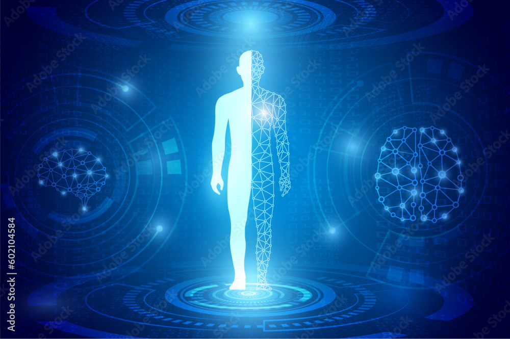 abstract background technology concept in blue light,brain and human ...