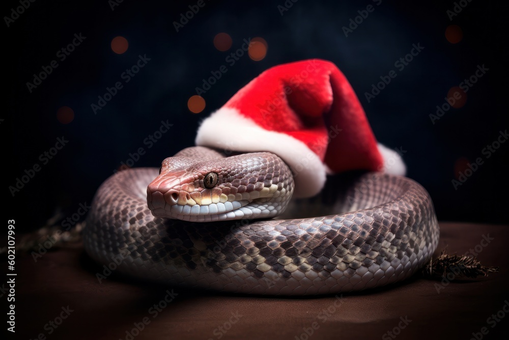 Christmas snake in Santa hat. Snake in Christmas hat looks at place for ...