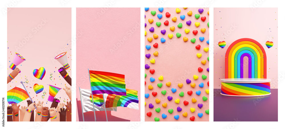 PRIDE month social media stories, posts or ads collection. Vertical ...