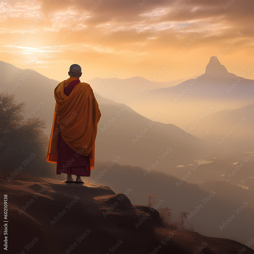 Monks alms round in the morning Mountain Background with AI Generator ...