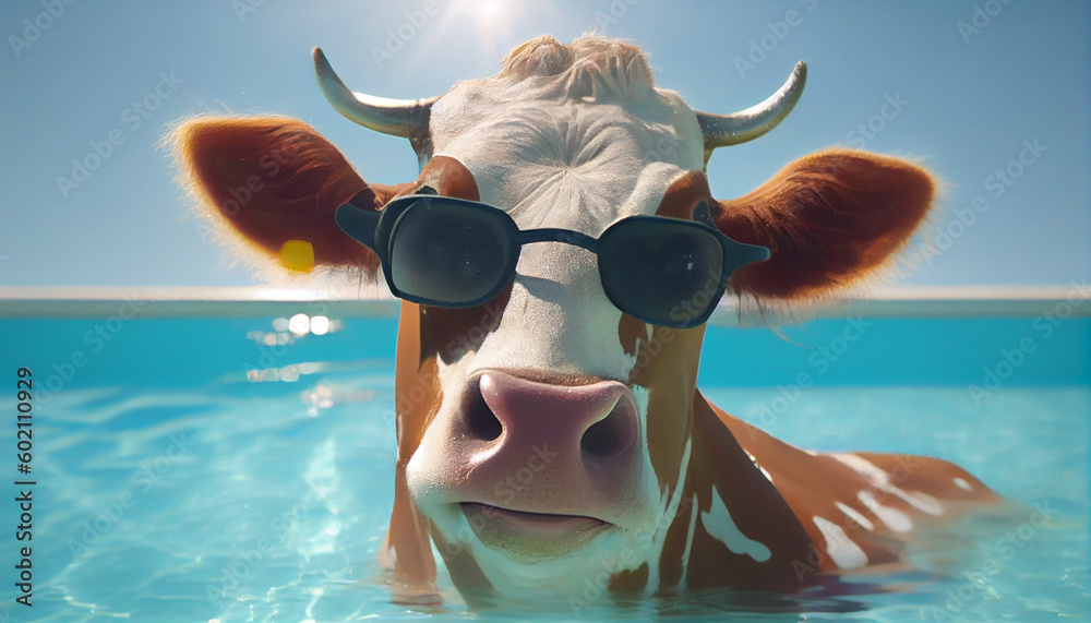 Happy Cow having fun at summer holidays in a swimming pool Ai generated ...