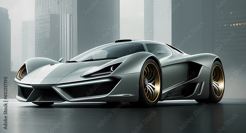 Sports car in futuristic city, fantastic sci-fi car design, modern ...