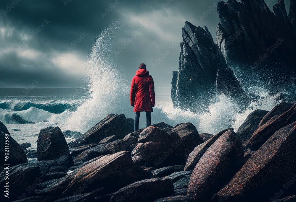 A man in a red jacket stands on a rocky shore of a raging ocean ...