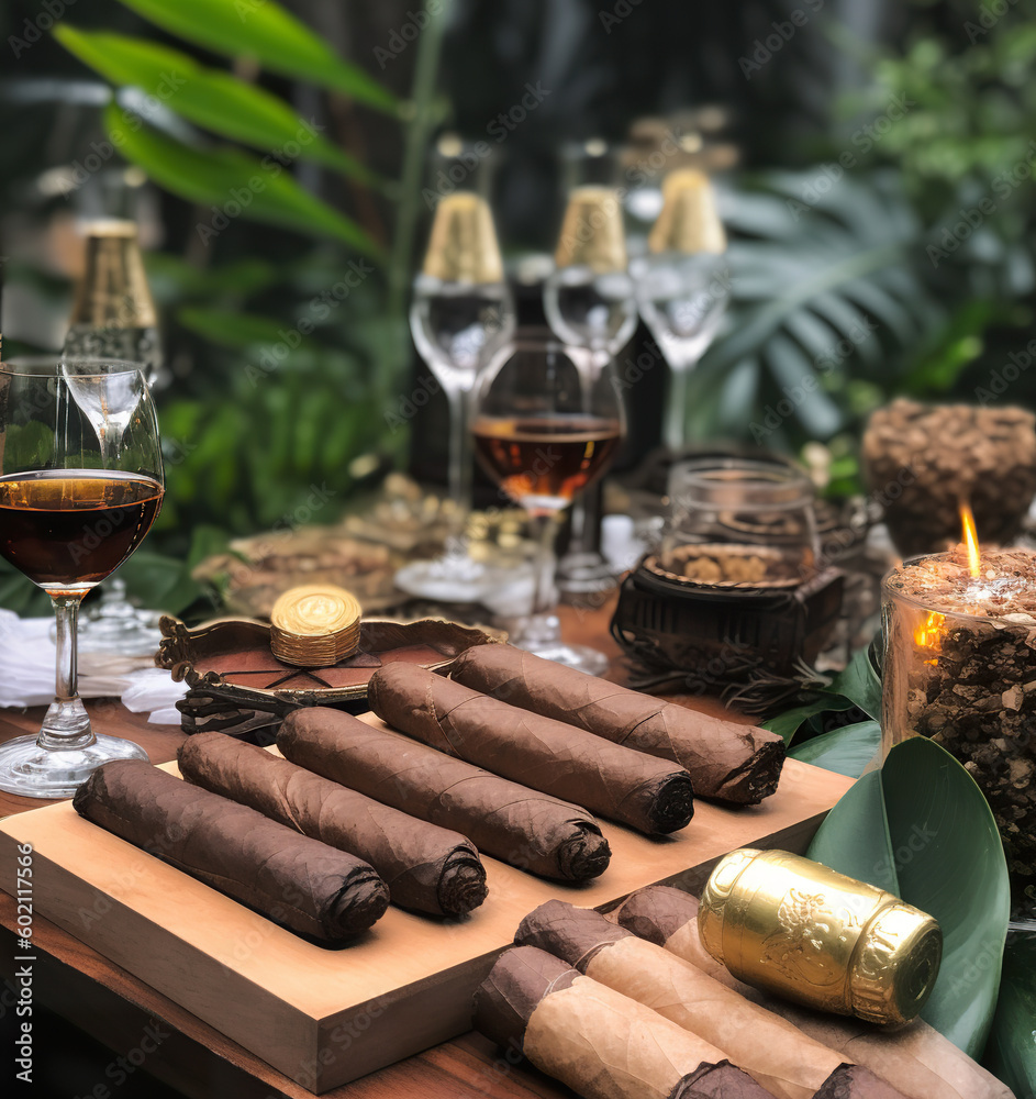 Cuban cigars and liquor over red satin. Corner table of cigars at a ...