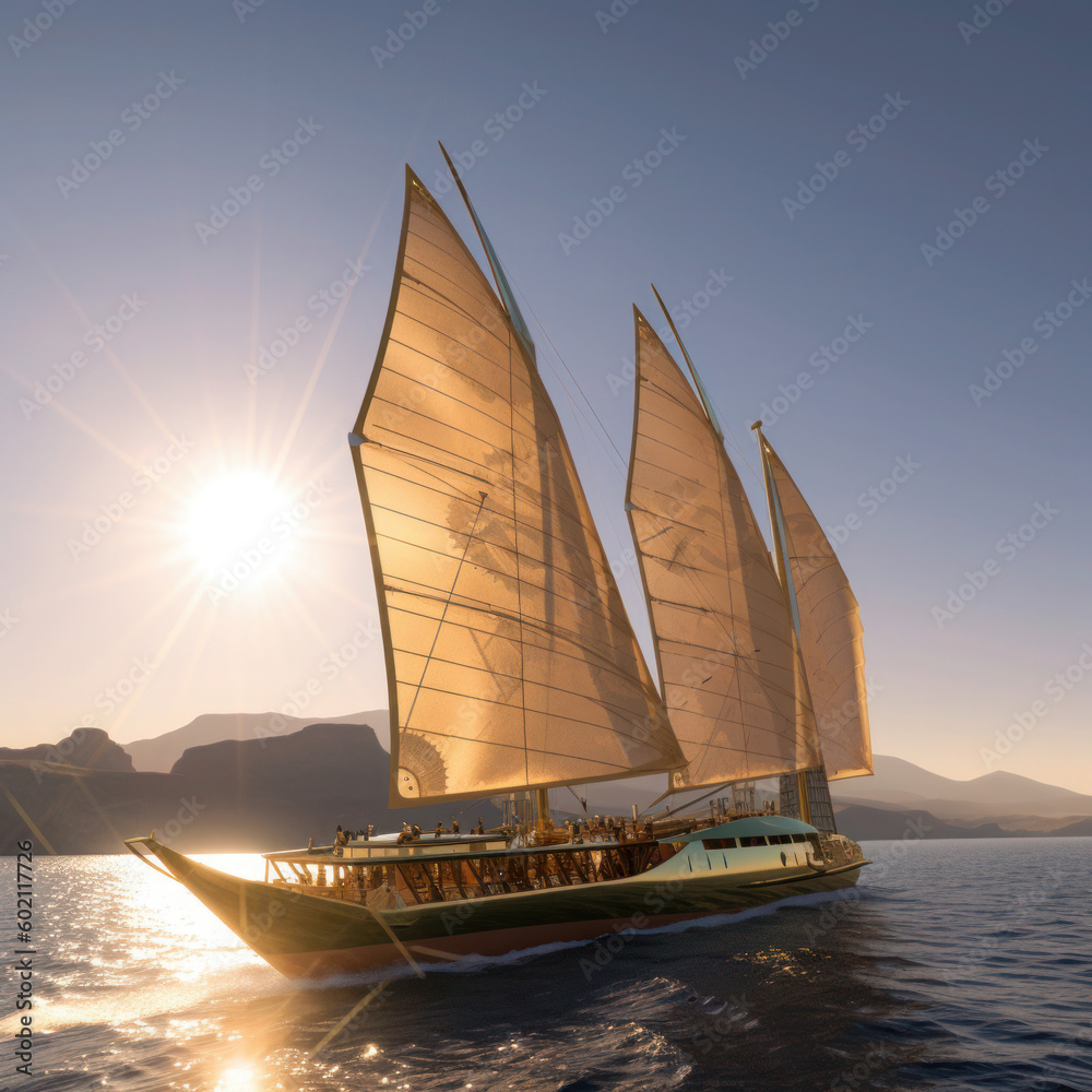 A classic sailing ship equipped with advanced solar sails that harvest ...