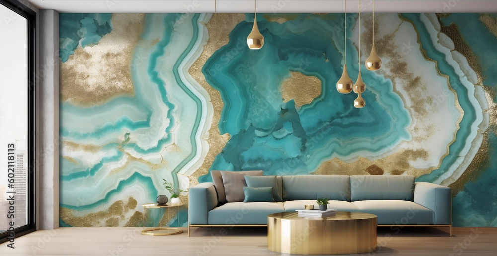 Golden tree in resin geode on light gray and turquoise background - 3D ...