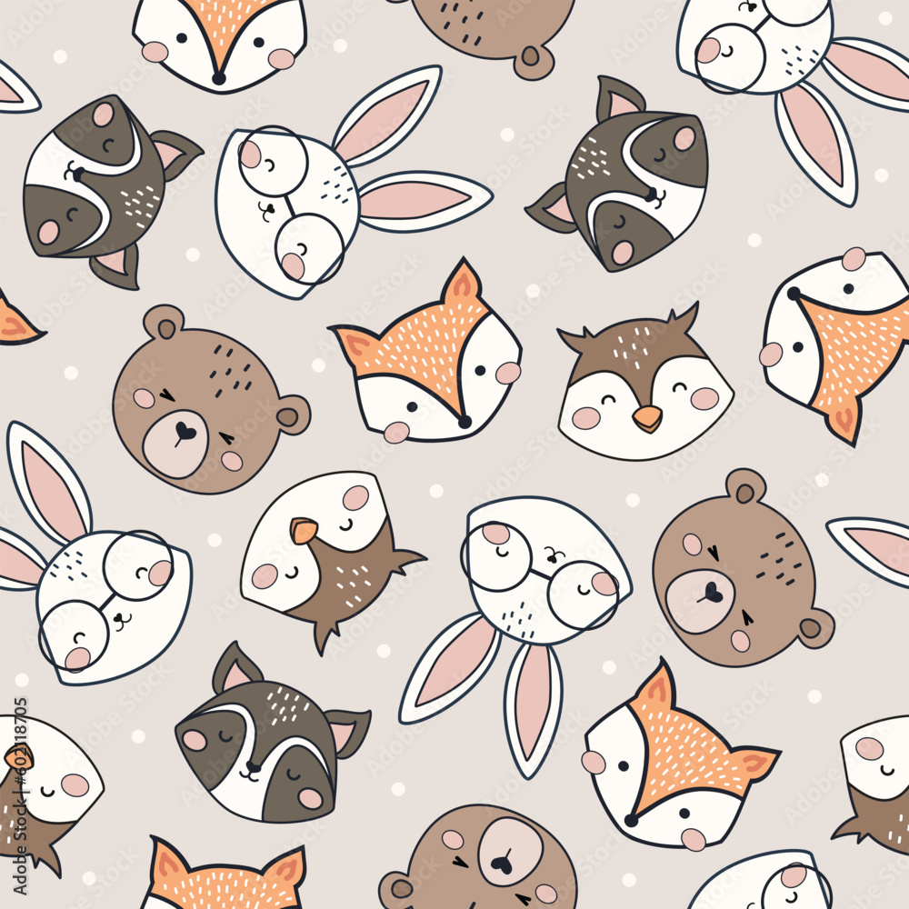 Cute Woodland Animals seamless pattern. Childish Cartoon Animals ...