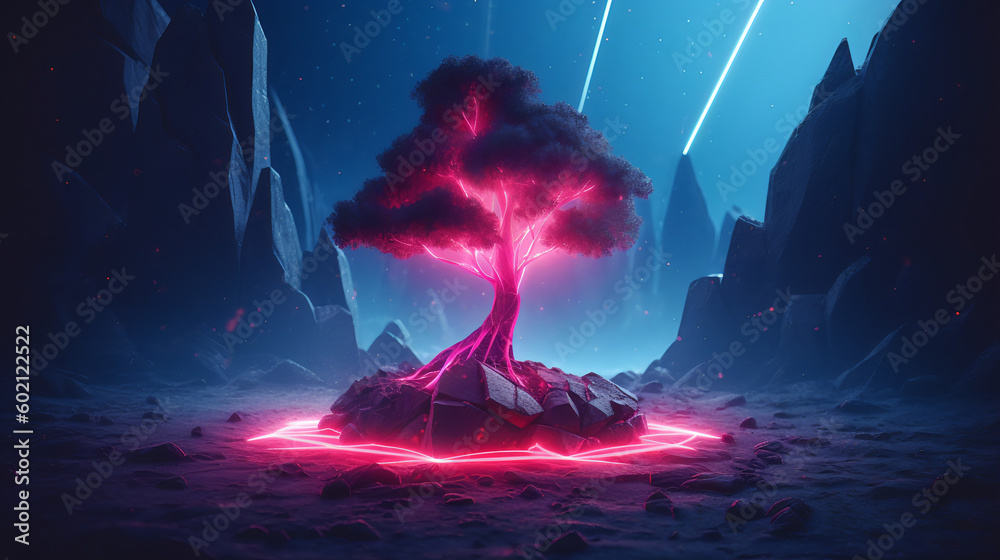 Synthwave dystopian tree with rocks and neon lights, Generative AI ...