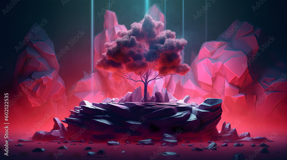 Synthwave dystopian tree with rocks and neon lights, Generative AI ...
