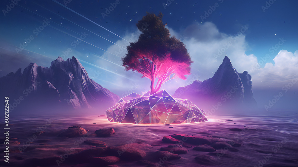 Synthwave dystopian tree with rocks and neon lights, Generative AI ...