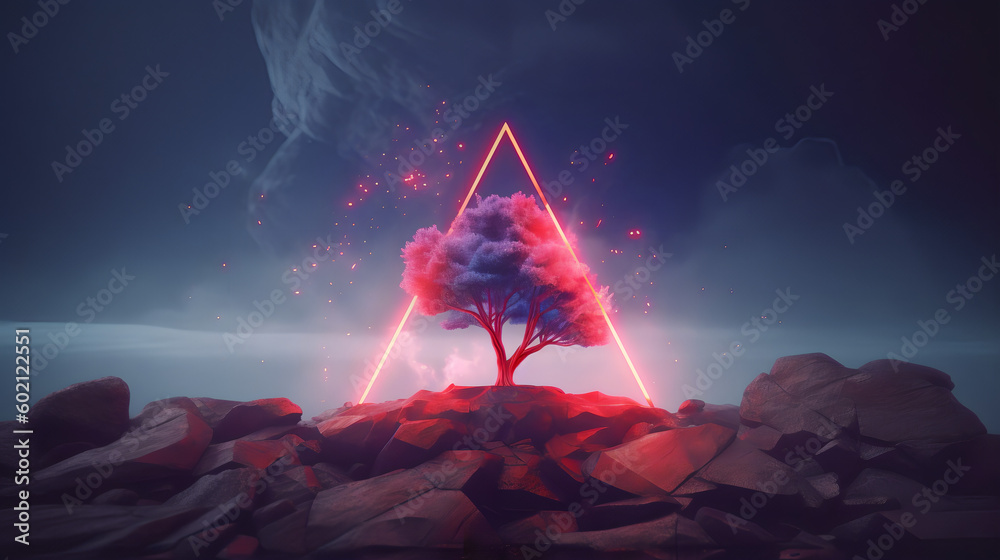Synthwave dystopian tree with rocks and neon lights, Generative AI ...