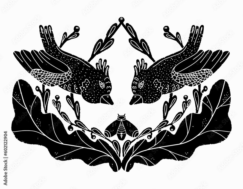 Birds and moth. Black symmetrical composition. In the style of linocut ...