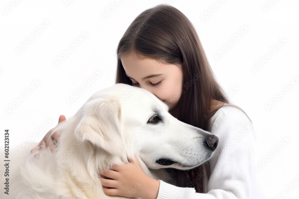 Cute little girl hugging her dog on white background, closeup ...