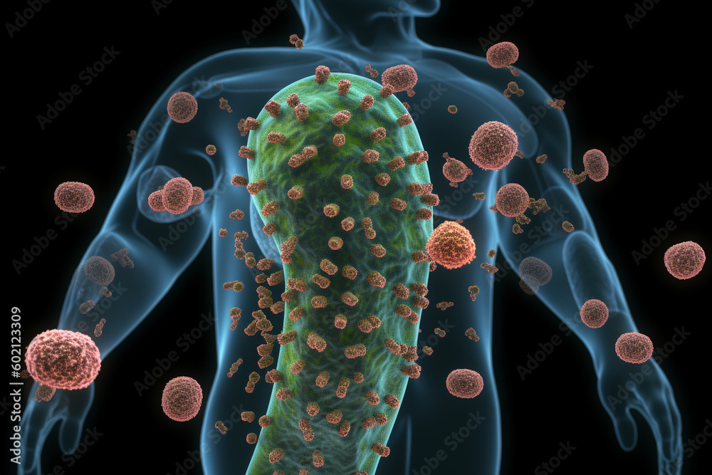 An illustration of a bacterial infection in the body, with the bacteria ...