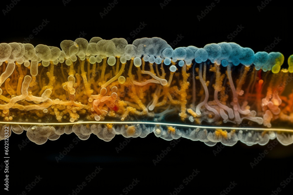 An image of a bacterial biofilm, with different strains visible in ...