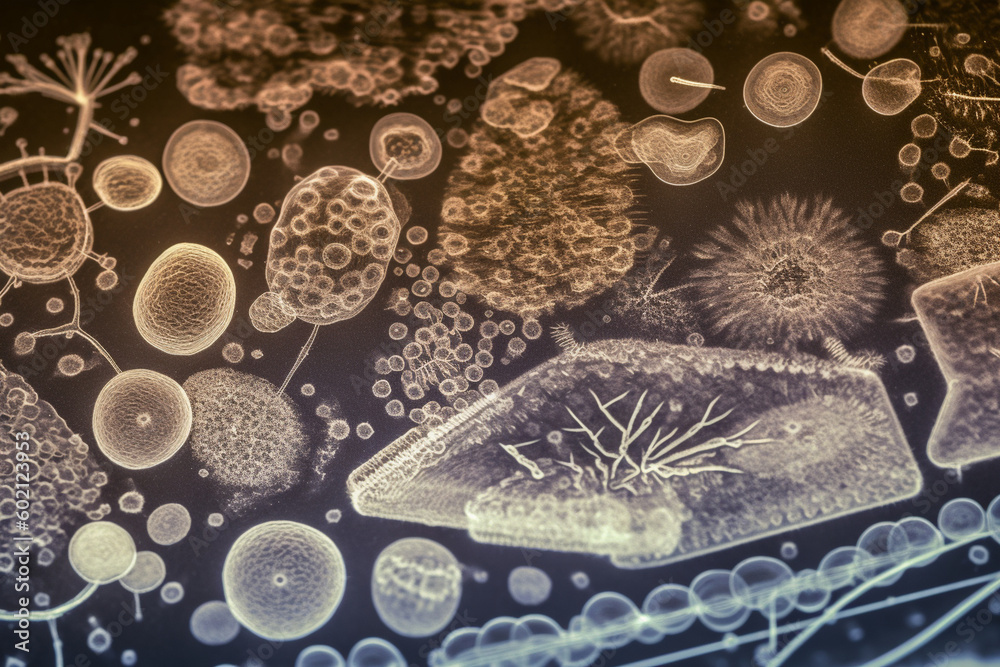 A picture of bacteria on a microscope slide, with the intricate details ...