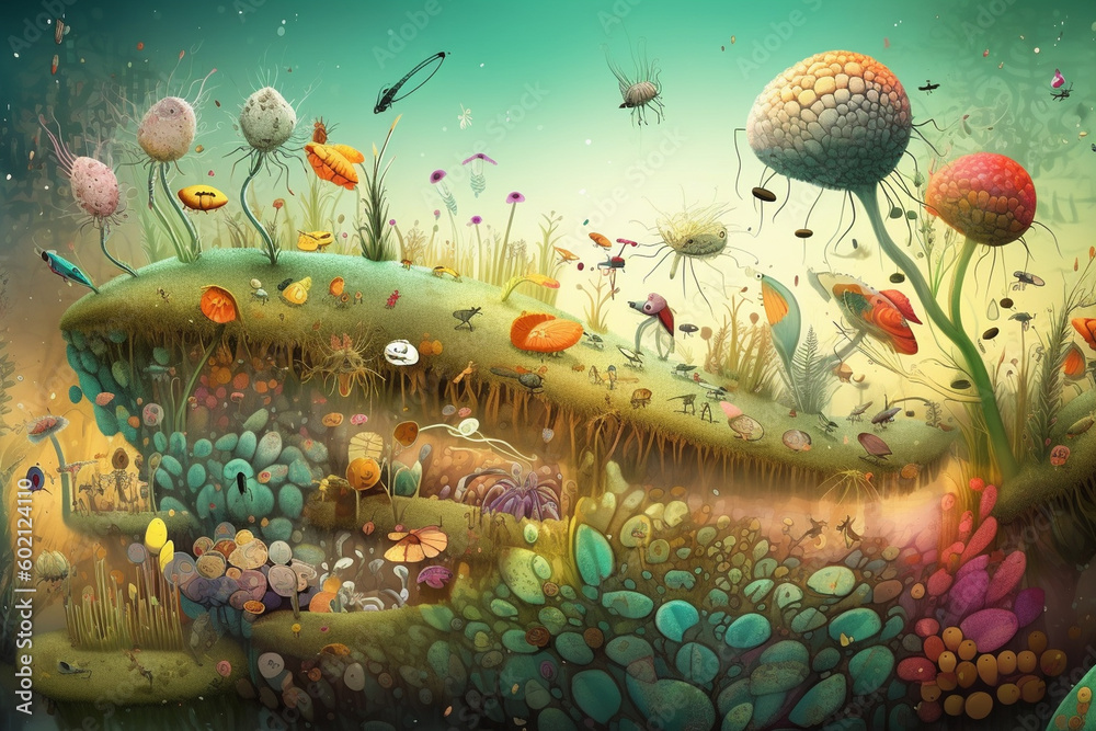 An artistic representation of bacteria as part of a complex ecosystem ...