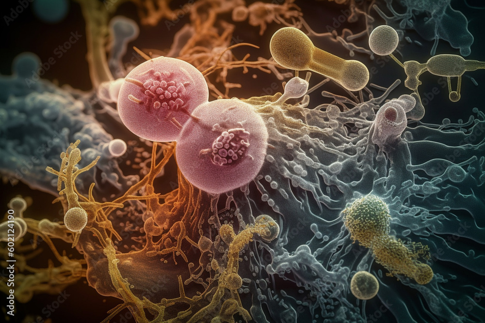 A photo of bacteria on the surface of a human cell, with the intricate ...