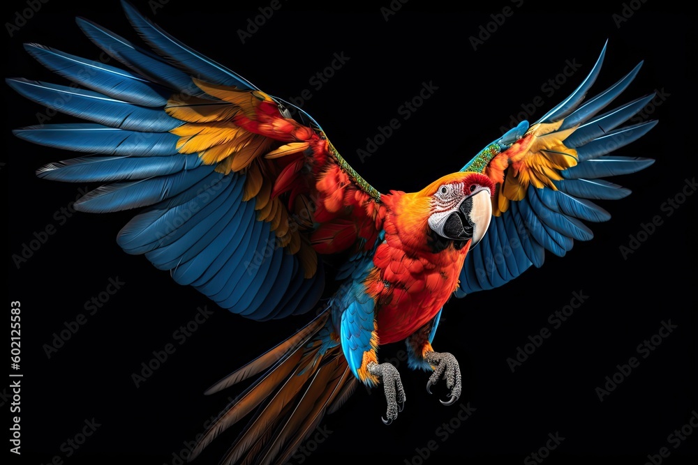 Beautiful colorful parrot flying on black background,Generative, AI ...