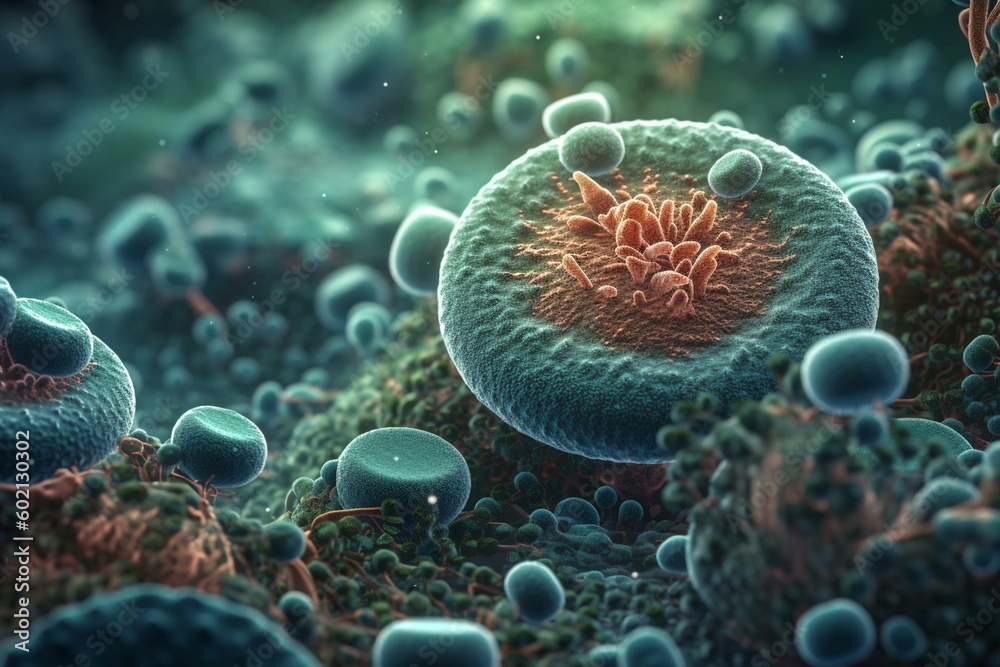 Scientific 3D illustration of microorganisms and living cells under a ...