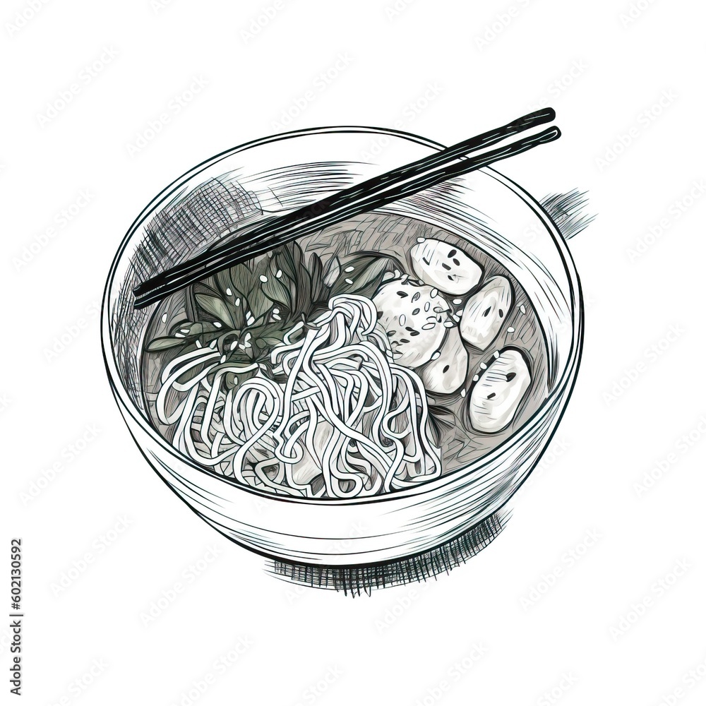 A hand-drawn sketch of a bowl with noodles, traditional Asian ramen, in ...
