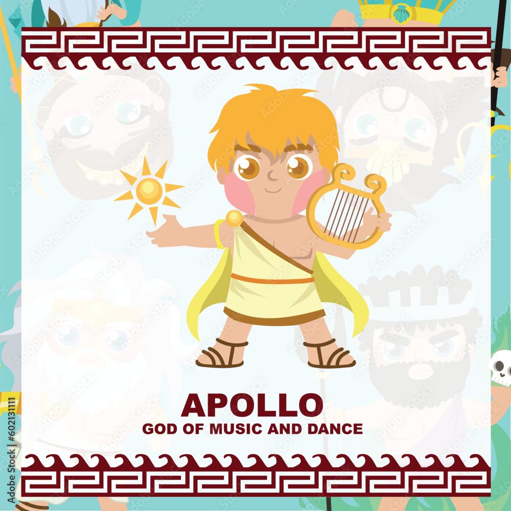Cute illustration of Apollo God of music and dance. Greek God and Goddess flashcard collection ...