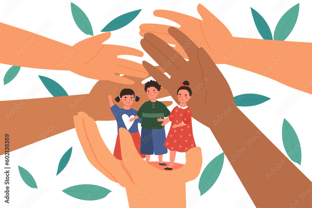 Care for kids. Vommunity protecting for children. Big hands near boys ...