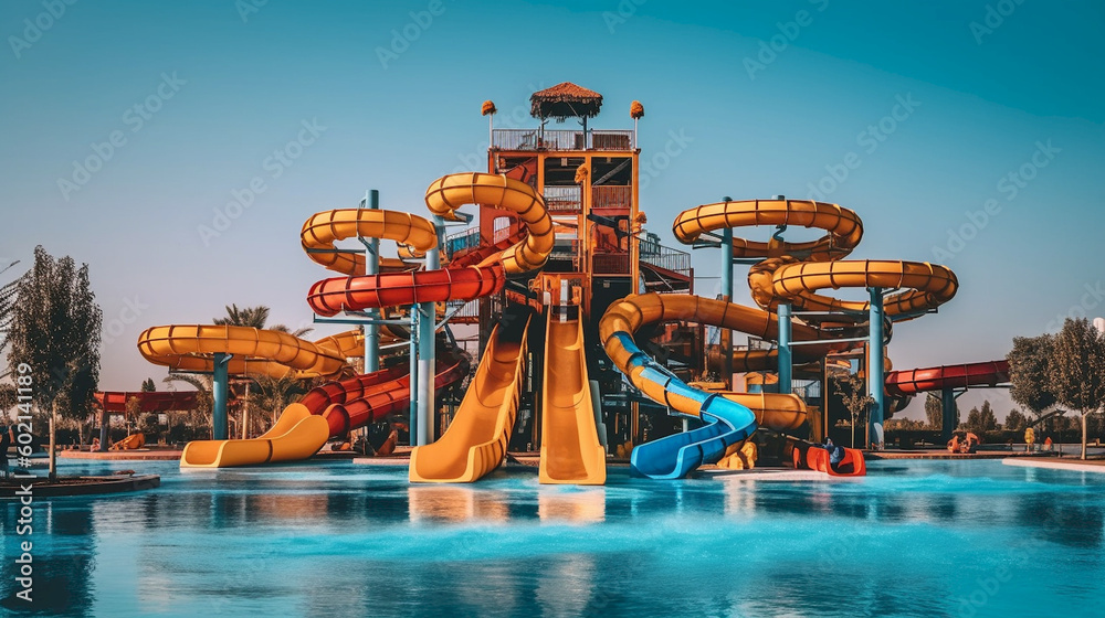 A fun and colorful photo of a water park with slides and pools, showing ...