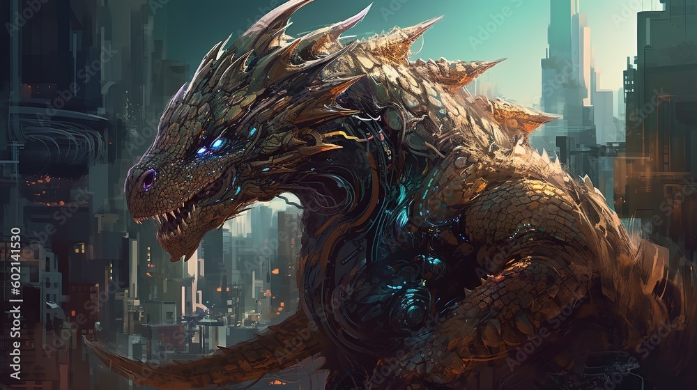 Mechanical dragon in a futuristic city. Fantasy concept , Illustration ...