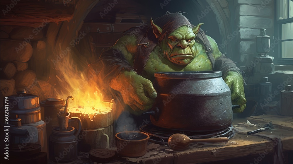 Ogre cooking a stew in a cauldron. Fantasy concept , Illustration ...