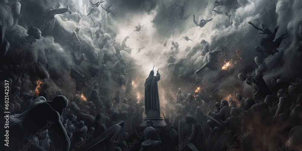 heaven and hell with many lost souls, angels fight, background image ...