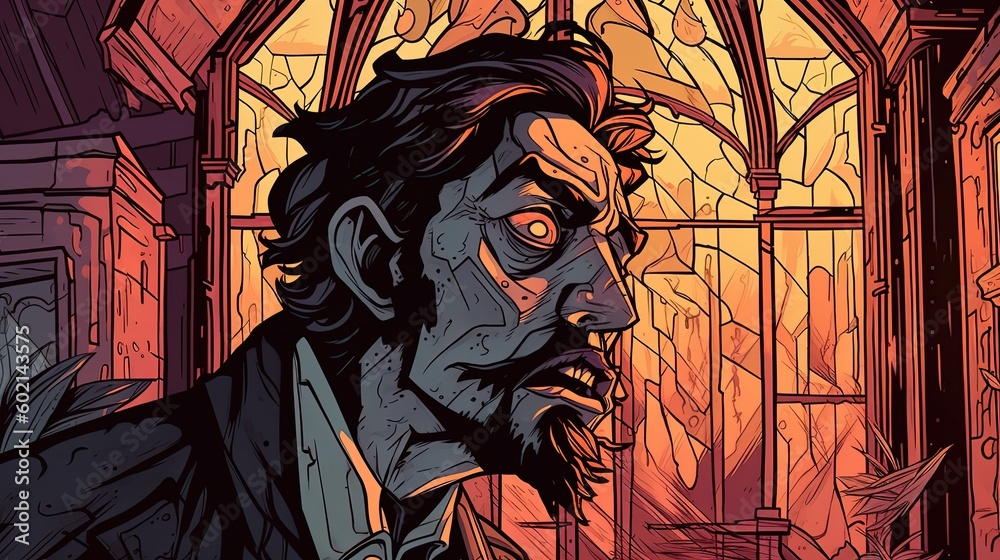 Portrait of a horror victim struggling to survive in a haunted mansion ...