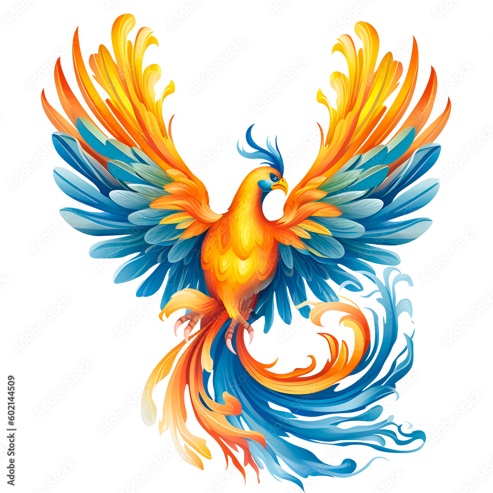 yellow-blue drawn bird, phoenix in the colors of the flag of Ukraine as ...