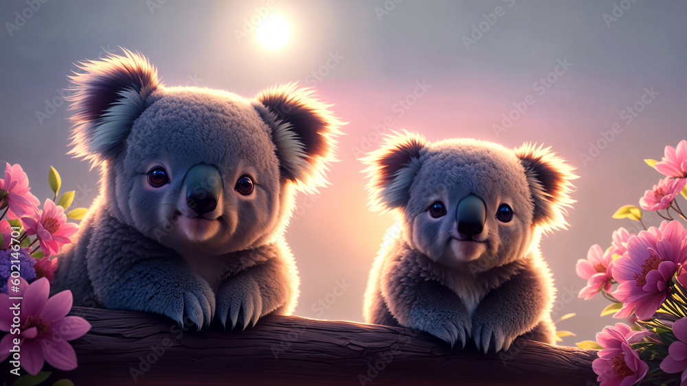 Two baby koalas in pink flowers. Art in a kawaii style. The softness ...