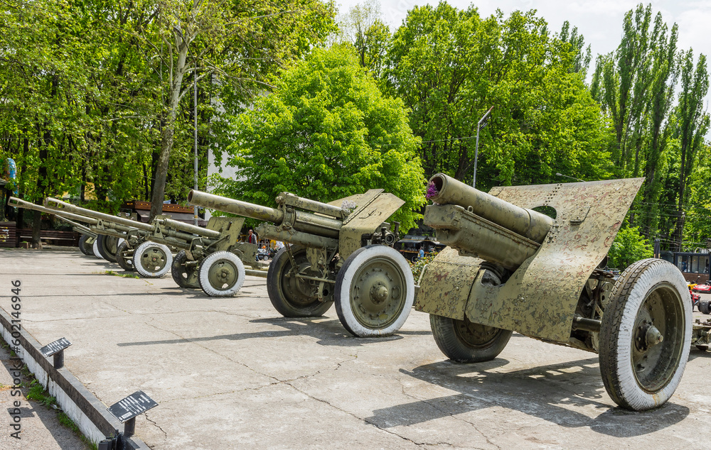 Park with a lot of old artillery pieces, Soviet artillery from the ...