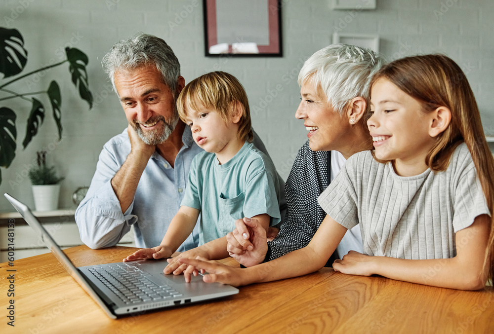 child laptop home family grandparent computer together grandmother ...