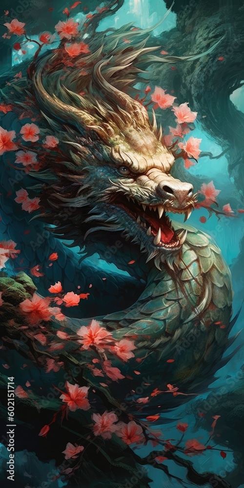Japanese dragon and cherry blossom colorful illustration representing ...