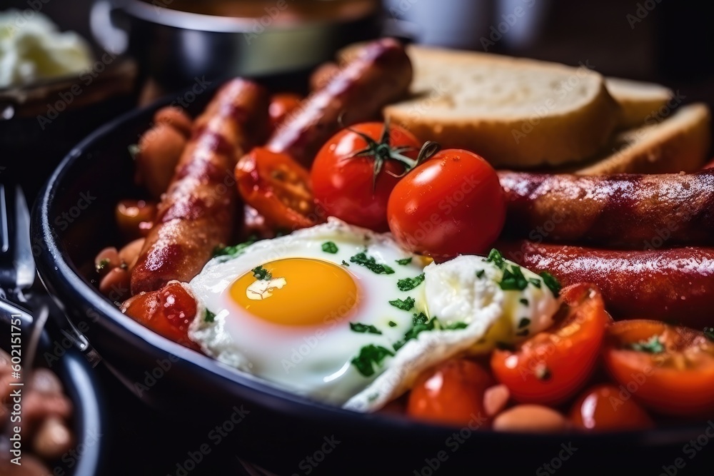 Full English Breakfast including sausages, grilled tomatoes and ...