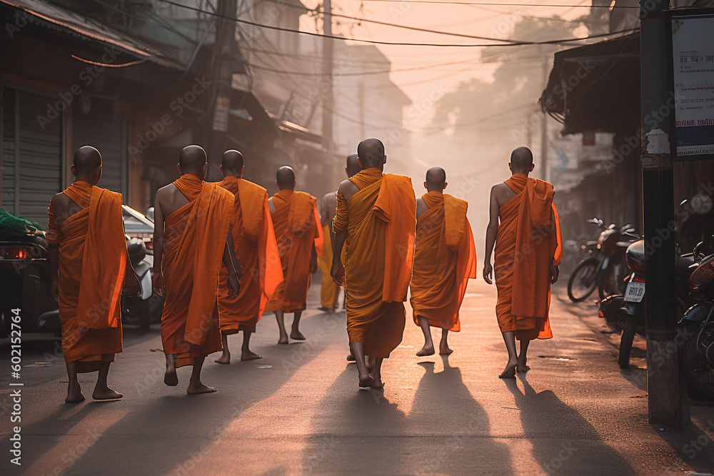 Photo & Art Print A group of Thai monks walking barefoot through the ...