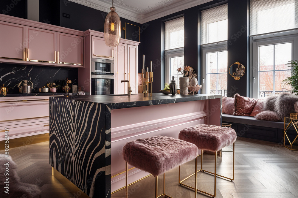 Modern glamour kitchen. Luxury interior design with pink, golden, black ...